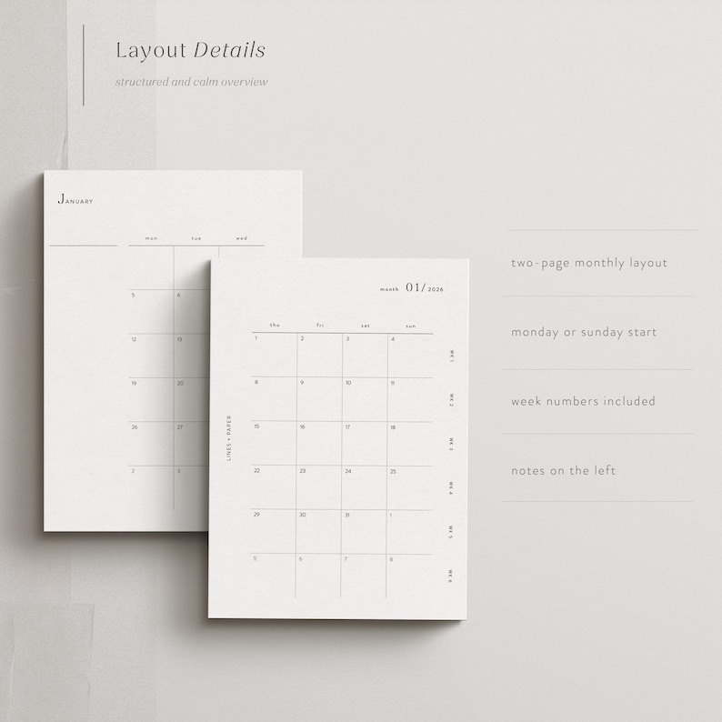 A6 - Monthly Planner Inserts 2026 | Month on Two Pages MO2P | Monthly ...