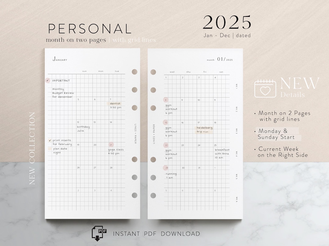 Personal 2025 Monthly Planner Inserts With Grid Lines - Jan - Dec 2025 ...