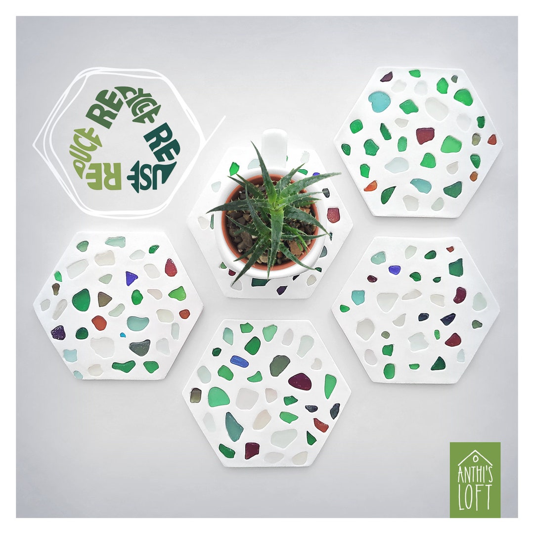 Sea Glass Mosaic Coasters | Hexagon Coasters Set of 5 | White Clay ...