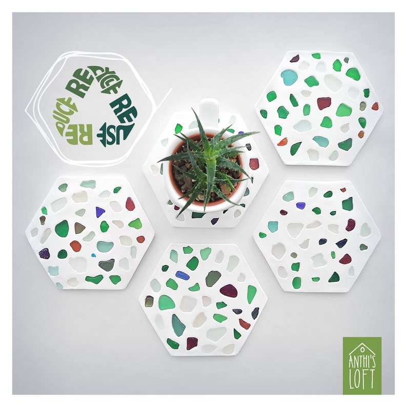 Sea Glass Mosaic Hexagon Coasters | Coastal Decor, Set of 5 - Etsy