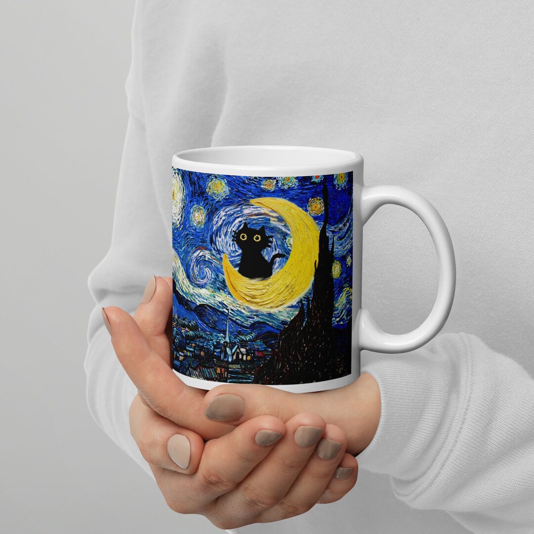 Vincent Van Gogh Starry Night Mug, Cat Mug Black Cat Mug Funny Cat Mug ...