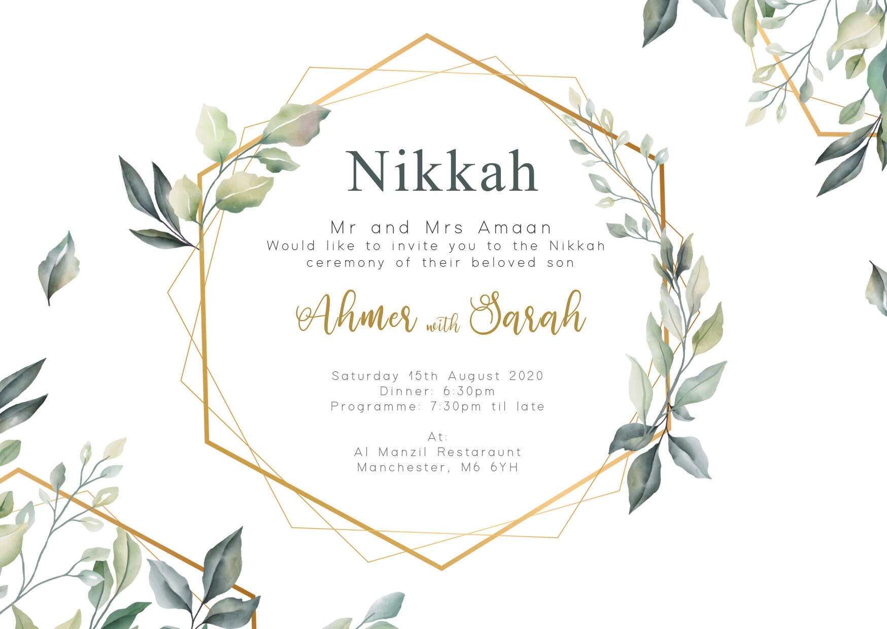 12 Nikkah INVITATION Gold And Green Muslim Invitation Etsy