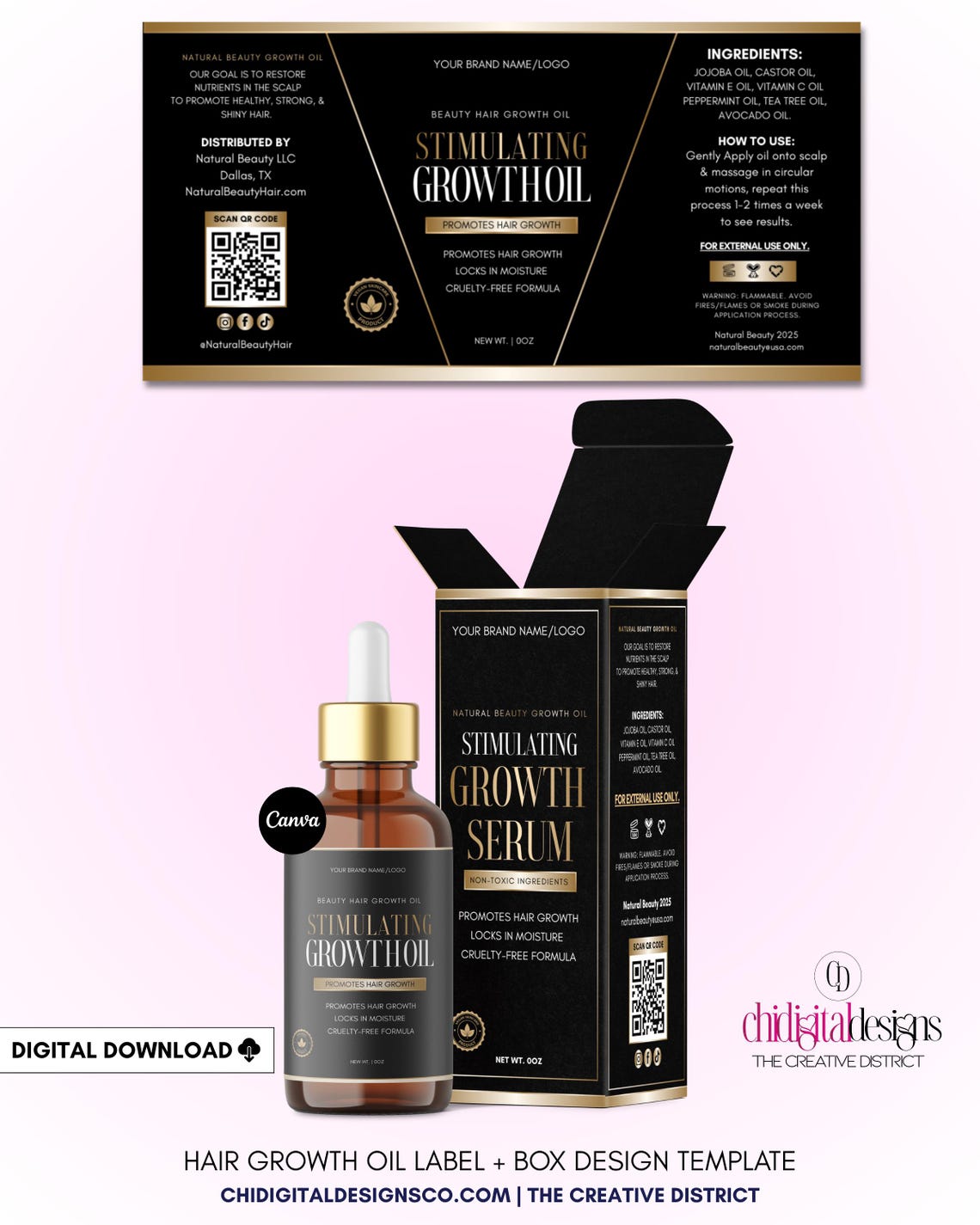 Black & Gold Hair Growth Oil Label Template | Dropper Bottle Label ...