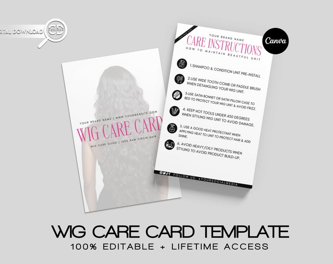 Wig Care Card Template, Editable Natural Wigs Aftercare, Feminine ...
