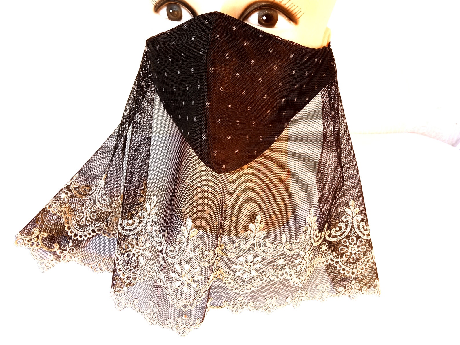 Black Lace Veil Face Mask Anatomical Silk Satin Face Mask Halloween ...