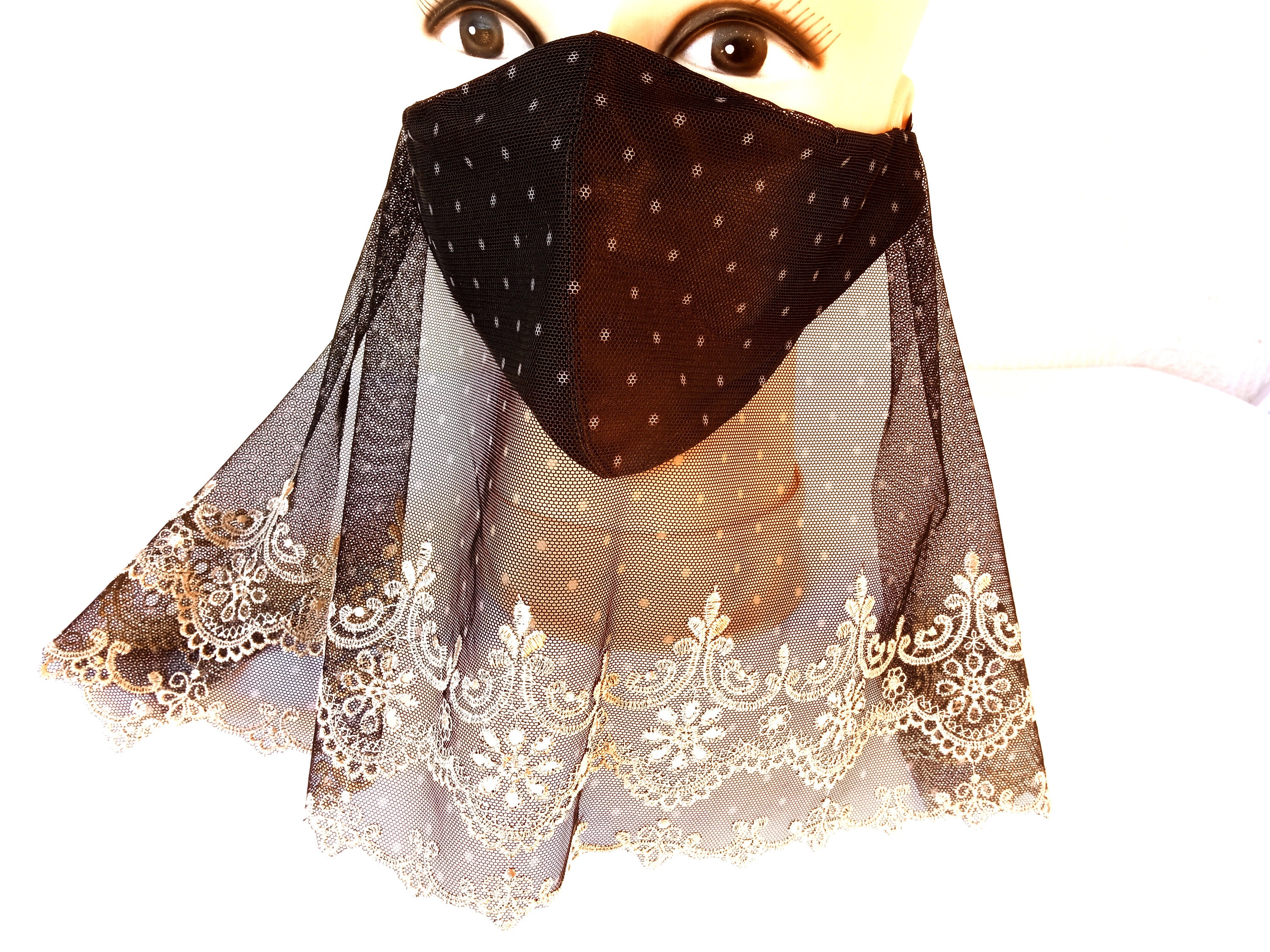 Black Lace Veil Face Mask Anatomical Silk Satin Face Mask Halloween ...