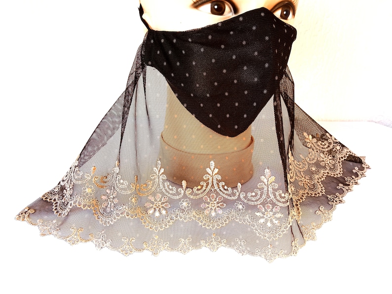 Black Lace Veil Face Mask Anatomical Silk Satin Face Mask Halloween ...