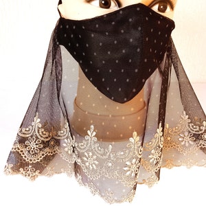 Black Lace Veil Face Mask Anatomical Silk Satin Face Mask Halloween ...