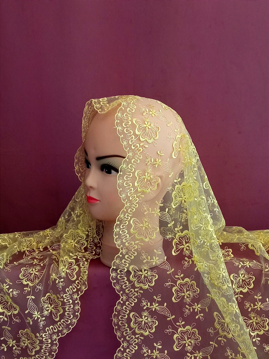 Church Mantilla Yellow Lace Yellow Wedding Veil Chapel Veil Mantilla ...