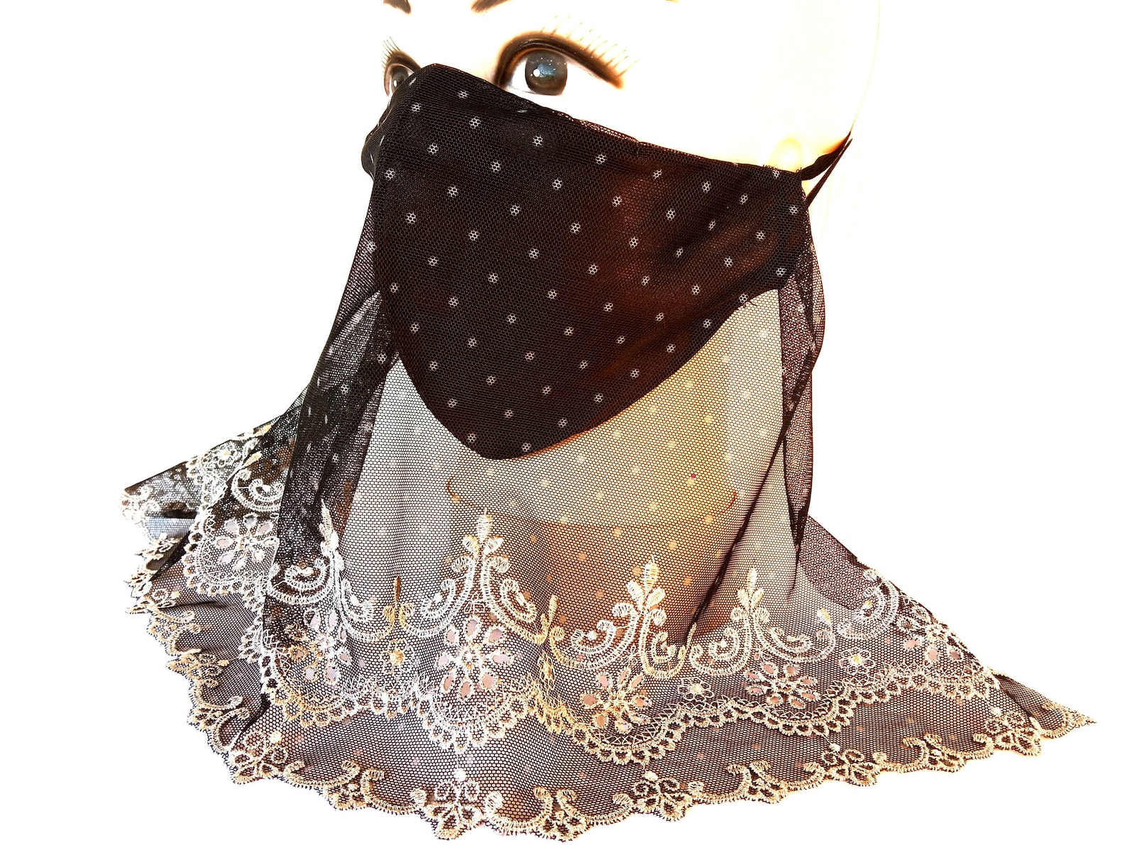 Black Lace Veil Face Mask Anatomical Silk Satin Face Mask Halloween ...