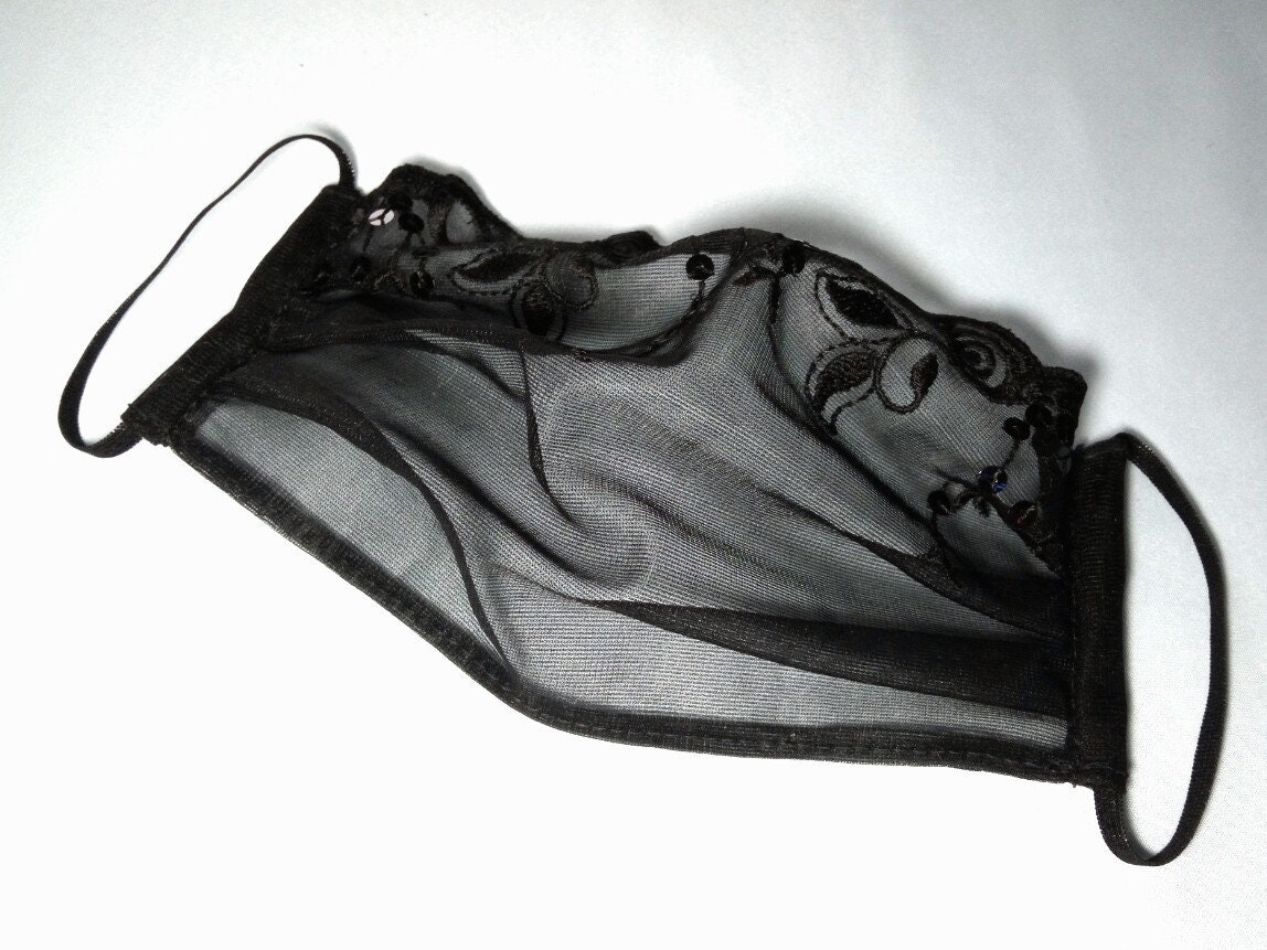 Black Lace Sequin Face Mask Black Sheer Tulle Mask Tulle Mask | Etsy
