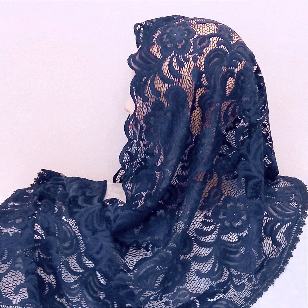 Church Mantilla in Navy Blue Stretch Lace Catholic Mantilla Mother's ...