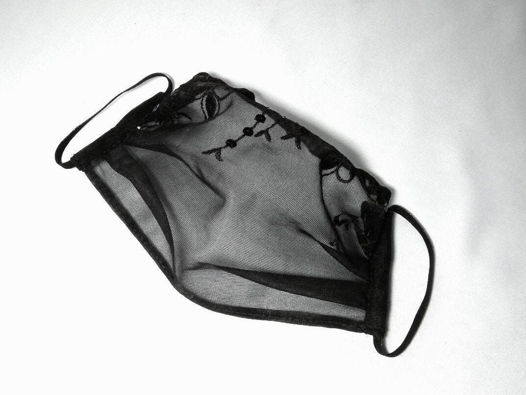 Black Lace Sequin Face Mask Black Sheer Tulle Mask Tulle Mask | Etsy