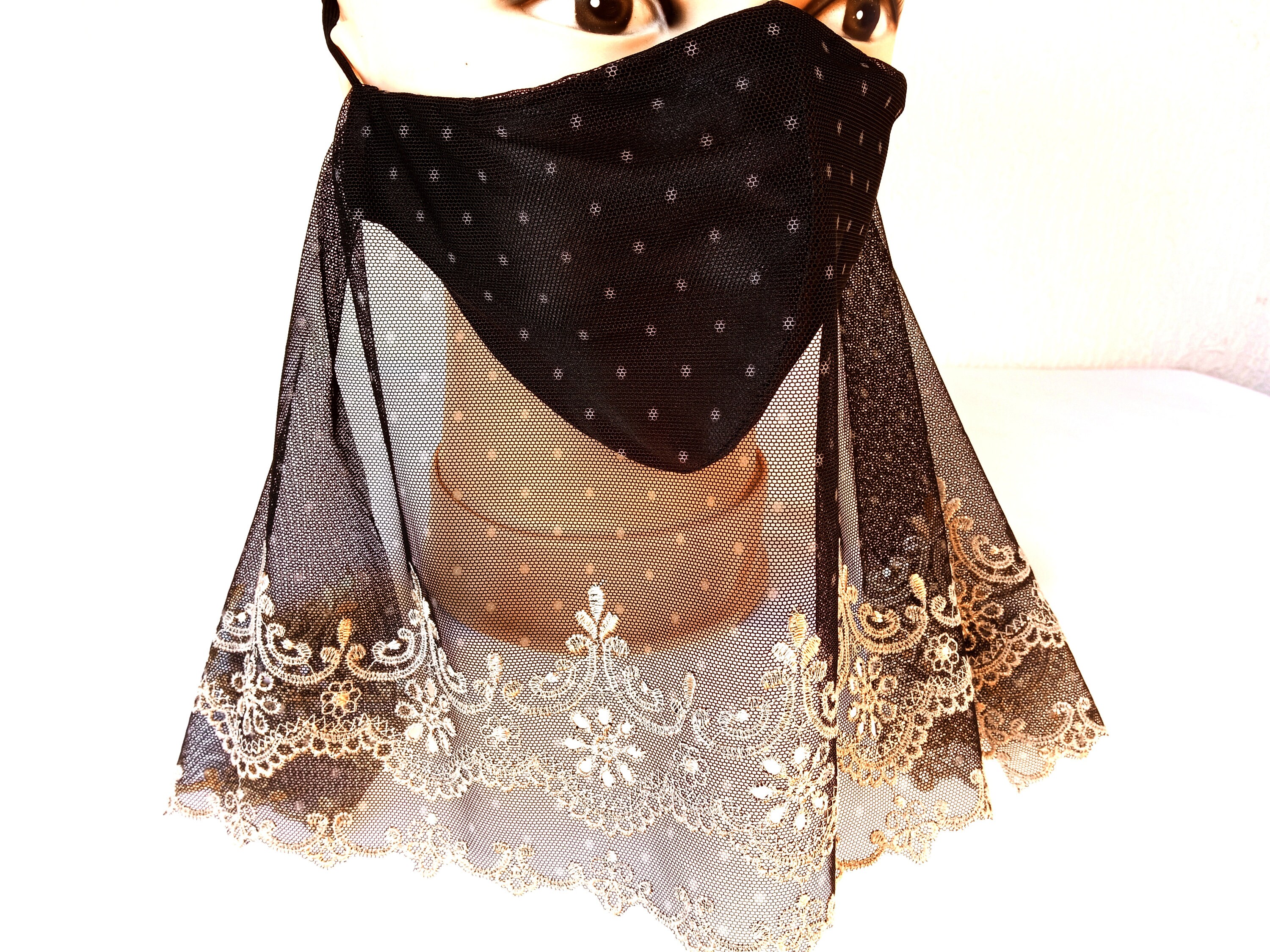 Black Lace Veil Face Mask Anatomical Silk Satin Face Mask Halloween ...