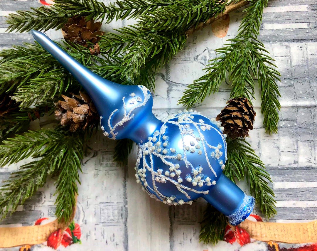 Blue Christmas Tree Topper – Small Glass Finial With White Glitter ...