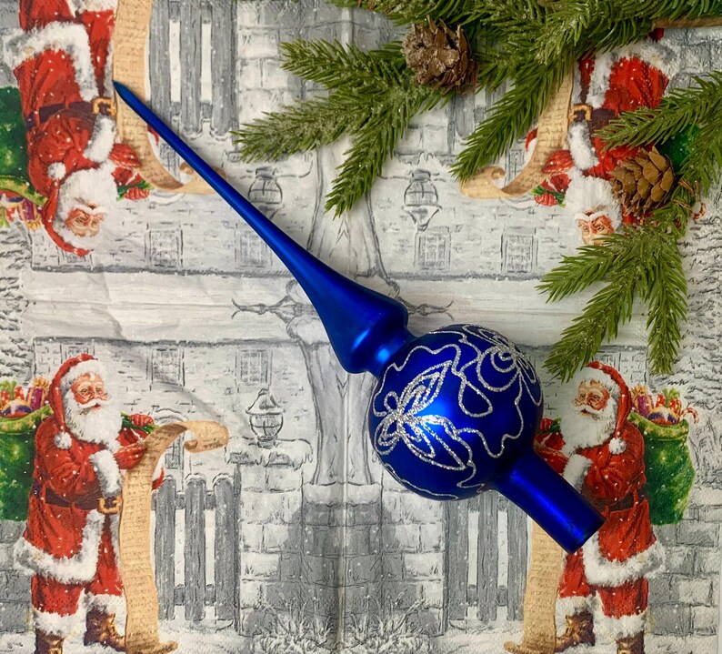 Royal Blue Glass Tree Topper – Hand Blown Finial Ornament – Silver ...