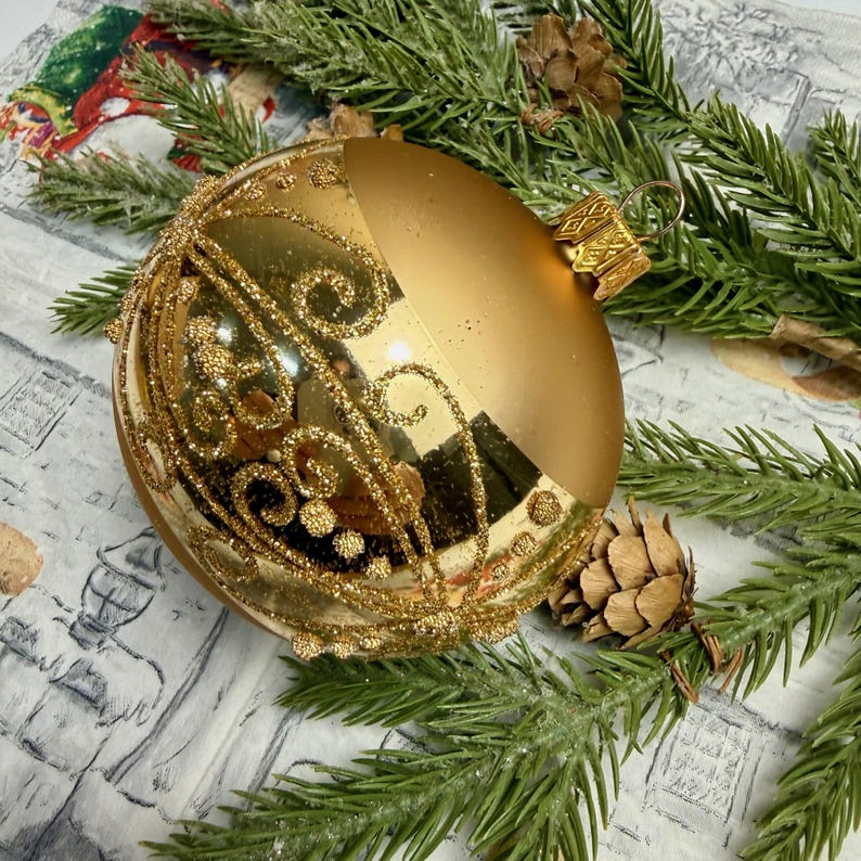 Gold Christmas Ornament – Handmade Glass Bauble With Baroque Scroll ...