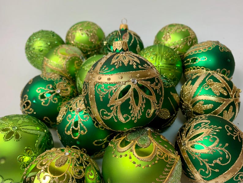 Handmade Green Gold Glass Christmas Ornaments Set – 20 Emerald Green ...