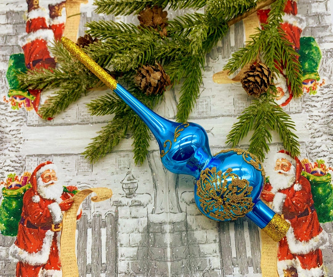 Blue Glass Christmas Tree Topper – Handmade Glitter Finial Ornament ...