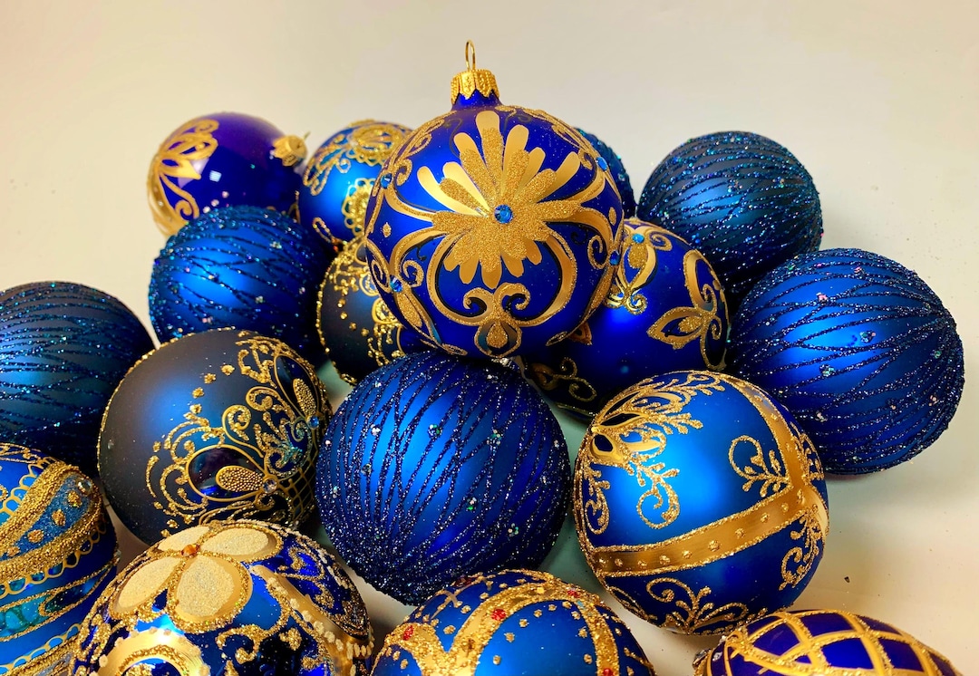 Handmade Blue Gold Christmas Ornaments – 10 Glass Baubles Set – Classic ...