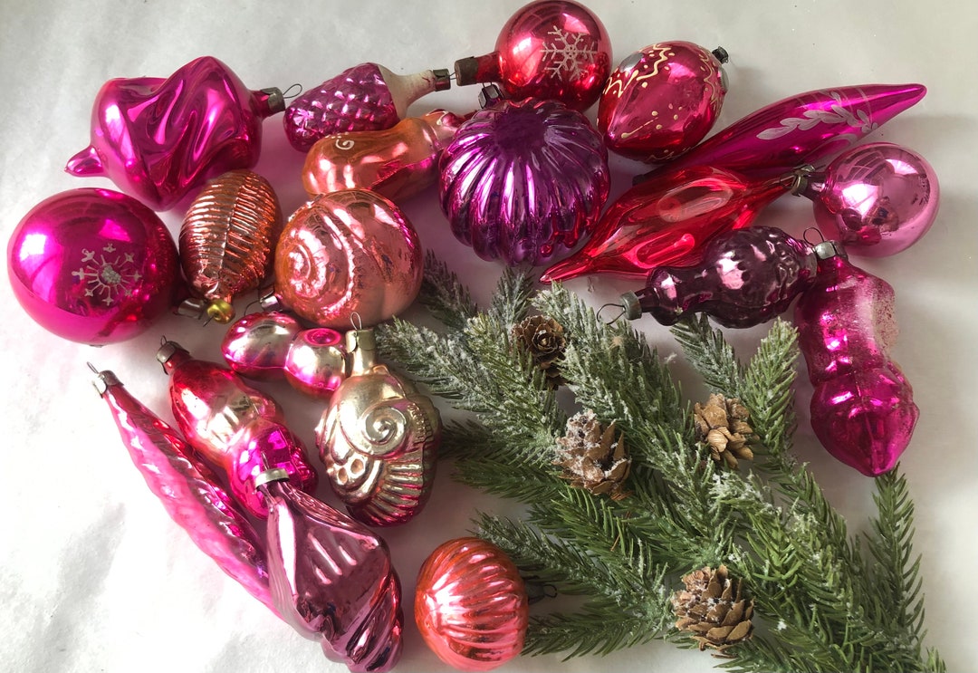 20 Assorted Pink Glass Ornaments Set,christmas Glass Ornaments,soviet ...