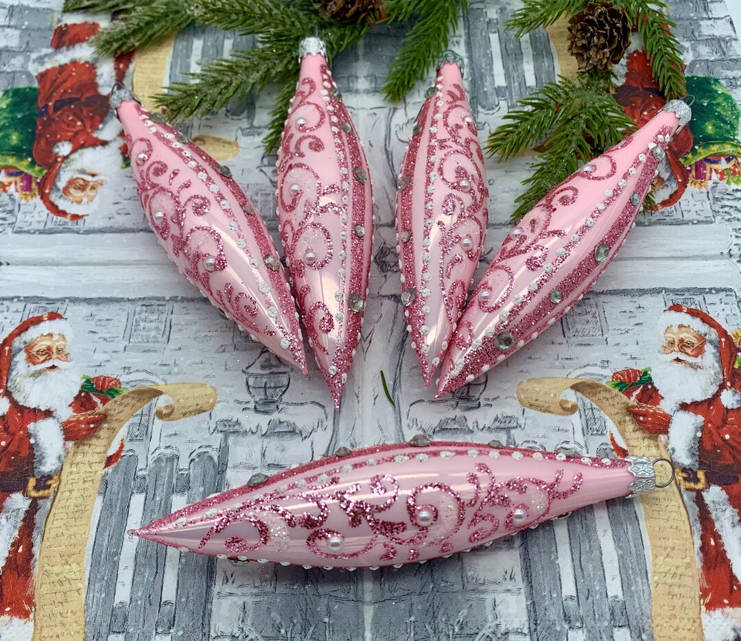 Set of 5 Pink Christmas Glass Icicles With Pattern, Christmas Glass ...