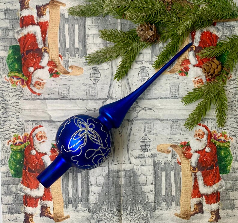 Royal Blue Glass Tree Topper – Hand Blown Finial Ornament – Silver ...
