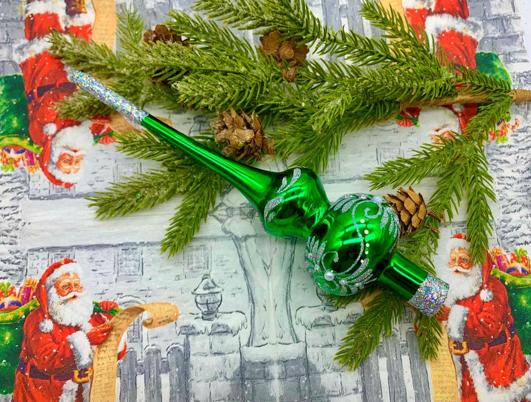 Green Glass Tree Topper – 18cm Christmas Finial Ornament – Handmade ...