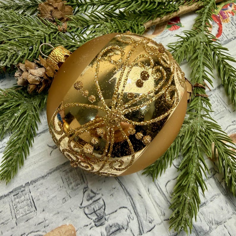 Gold Christmas Ornament – Handmade Glass Bauble With Baroque Scroll ...