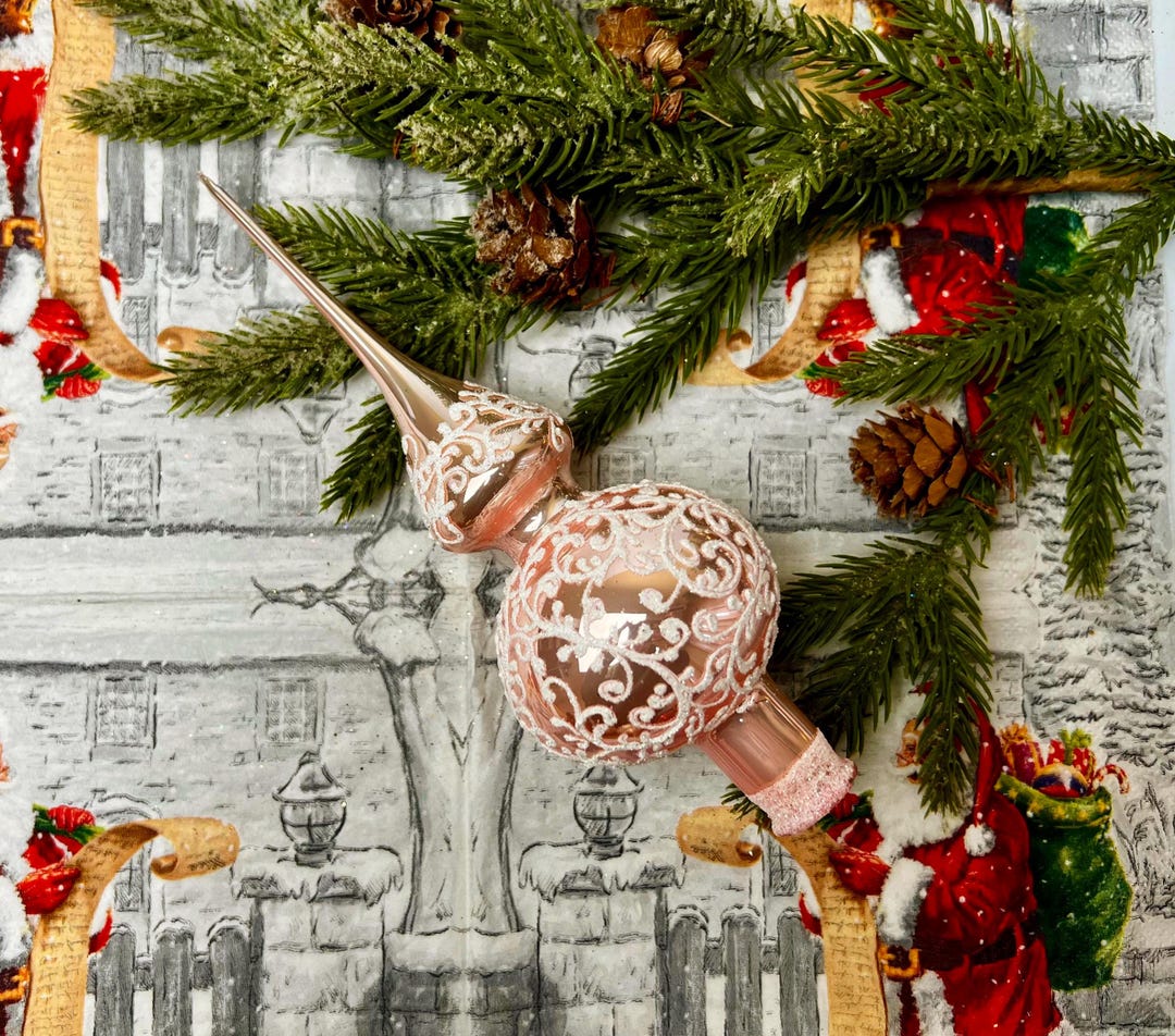 Handmade Pink Glass Tree Topper – Soft Rose Gold Finish – White Glitter ...