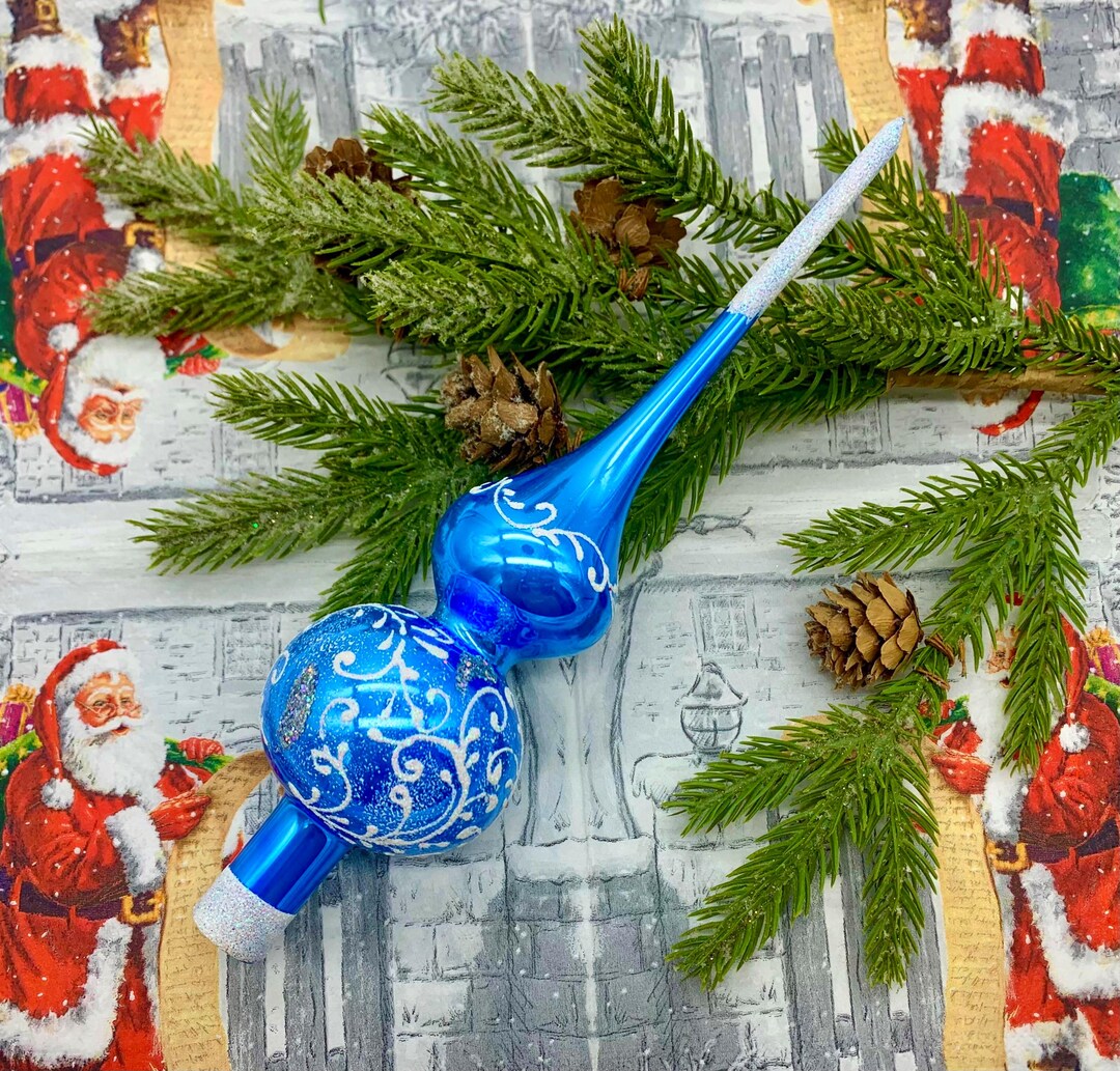 Light Blue Christmas Tree Topper – 18cm Glass Finial With Glitter – Icy ...
