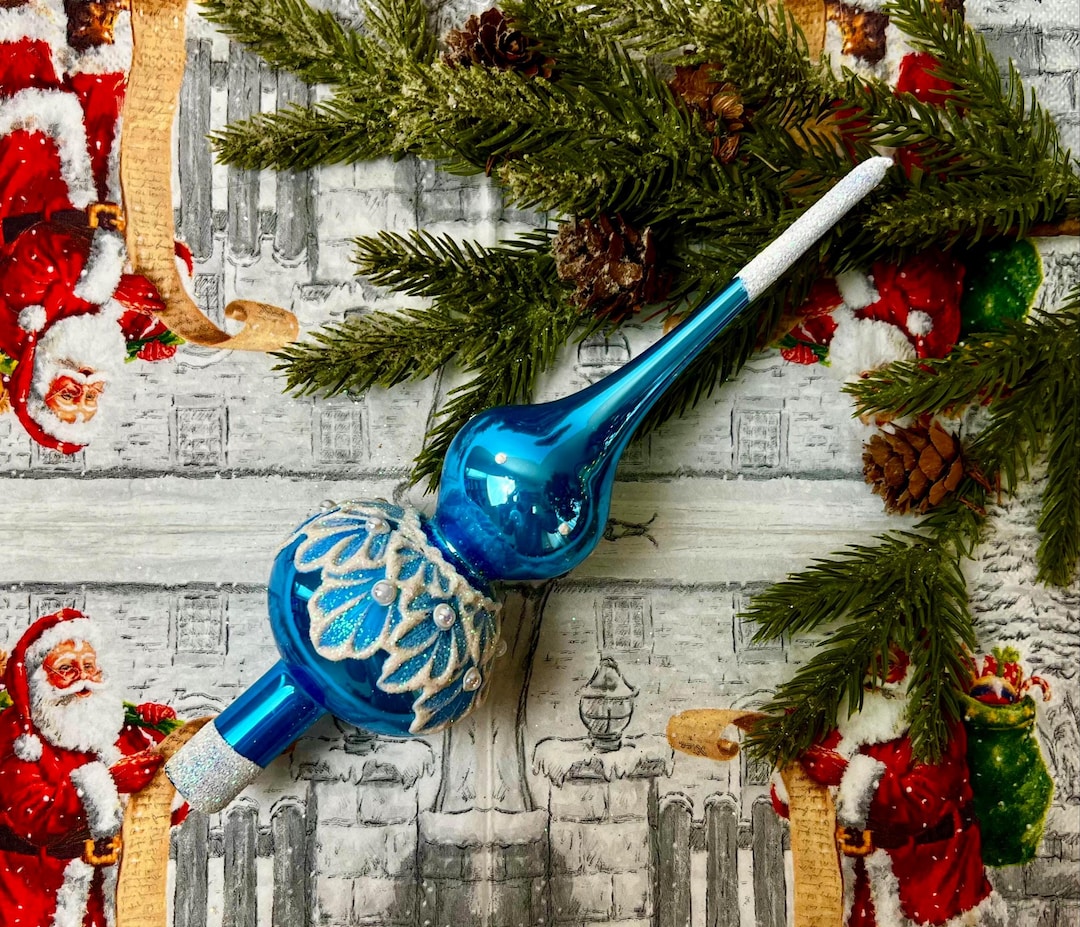 Blue Christmas Tree Topper – Handmade Glass Finial With White Silver ...