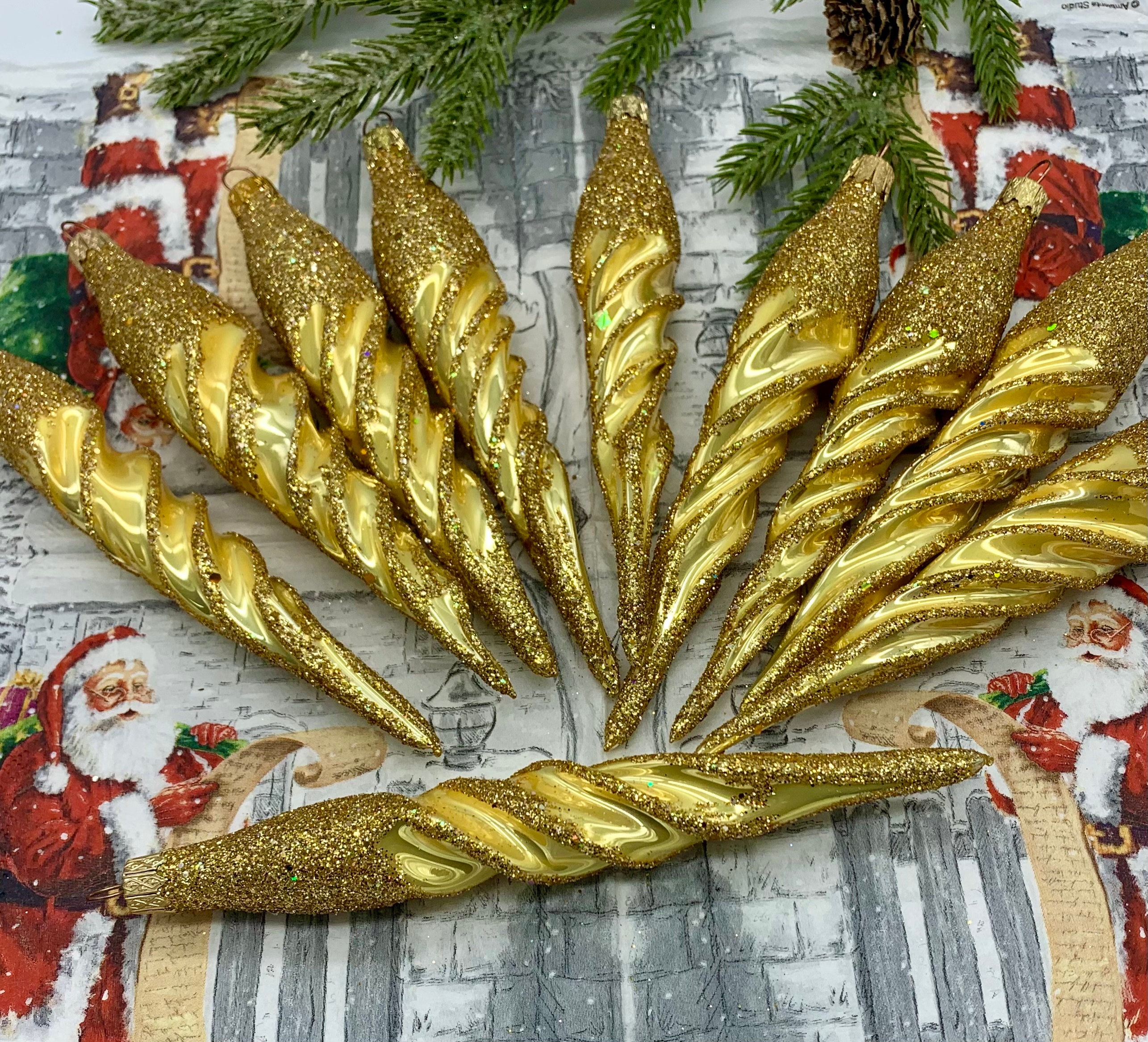 Set of 10 Gold Christmas Glass Icicles, Christmas Glass Ornament, Xmas ...