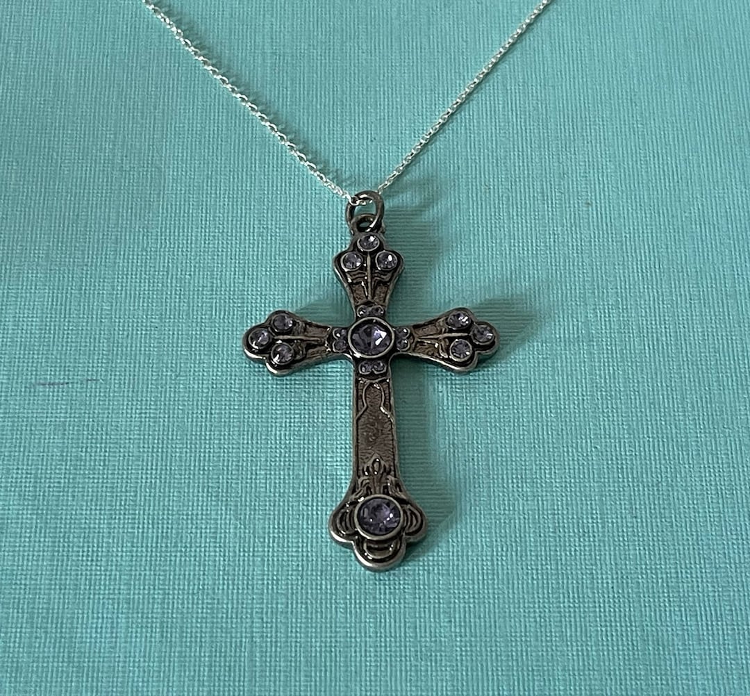 Vintage Cross Necklace, Purple Rhinestone Cross Necklace, 24" Cross ...
