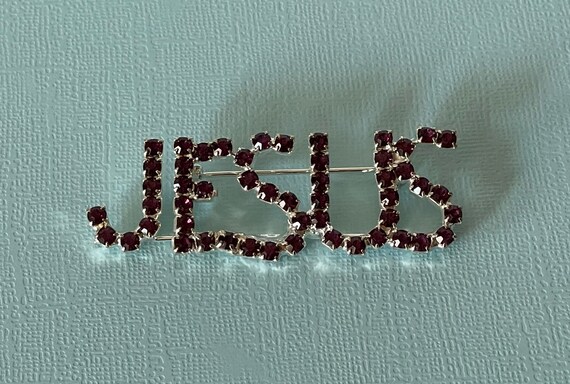 Vintage JESUS brooch, purple Jesus pin, rhinestone Je… - Gem