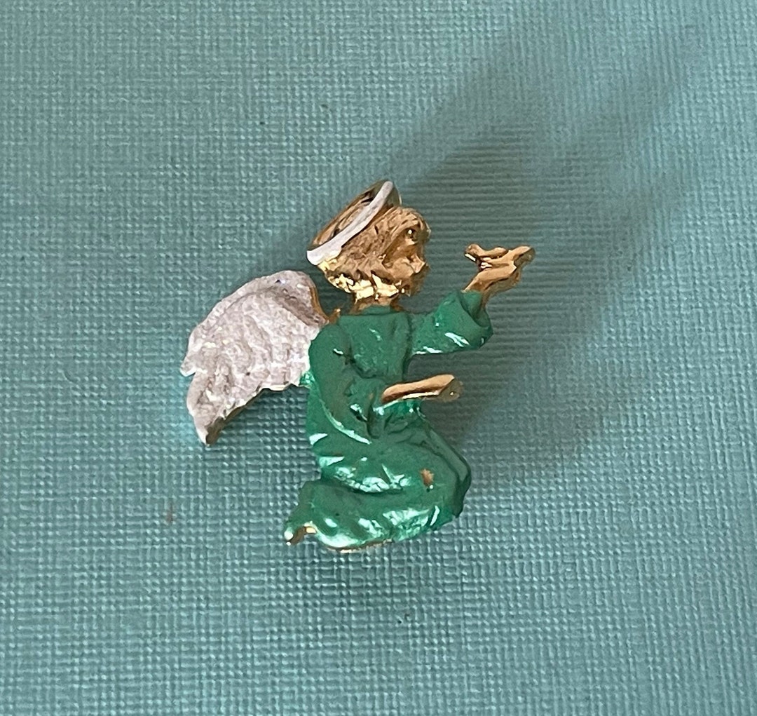 Vintage Angel Brooch, Green Angel Pin, Angel With Bird Brooch, Angel ...