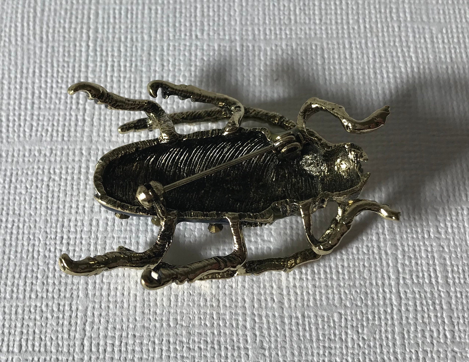 Navy Blue and Gold Rhinestone Beetle Pin, Beetle Brooch, Longhorn ...