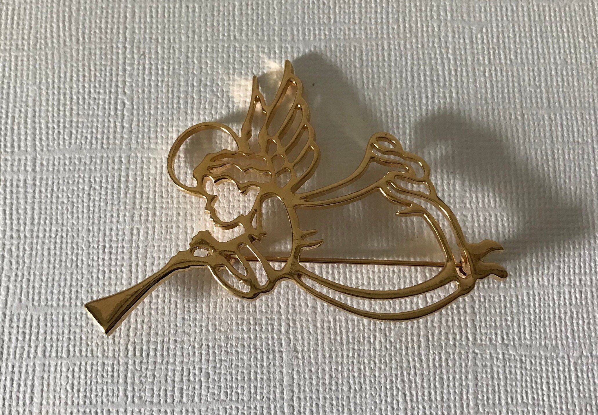 Vintage Angel Brooch, Angel With Horn Pin, Gold Angel Pin, Guardian ...