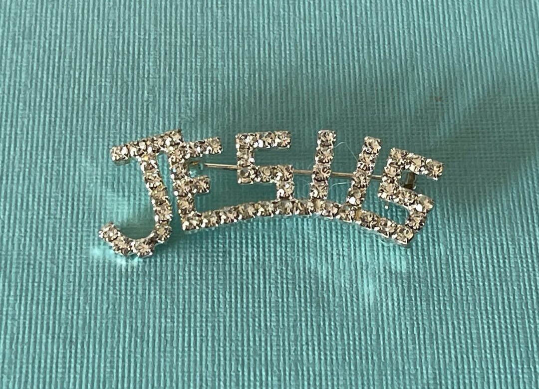Vintage Jesus Brooch Silver Jesus Pin Rhinestone Jesus Brooch Christian Jewelry Religious