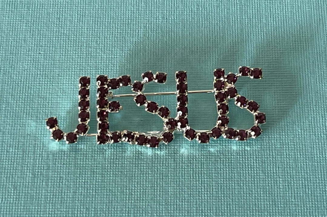 Vintage JESUS Brooch, Purple Jesus Pin, Rhinestone Jesus Brooch, Amen ...
