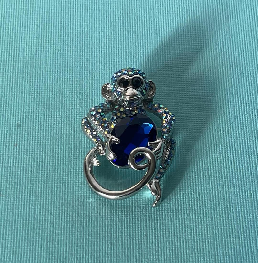 Vintage Monkey Brooch, Monkey Pin, Rhinestone Monkey Pin, Blue ...
