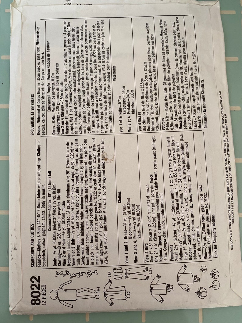 Scarecrow Vines Pumpkins & Clothes Pattern Simplicity 8022 - Etsy