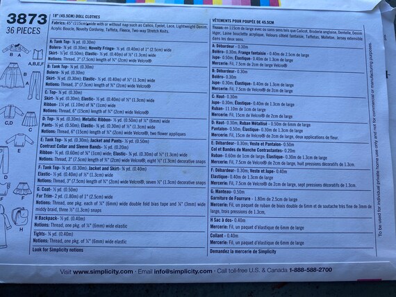 Home & Hobby 18” Doll Clothes Pattern Simplicity #3873 Kits & How To ...