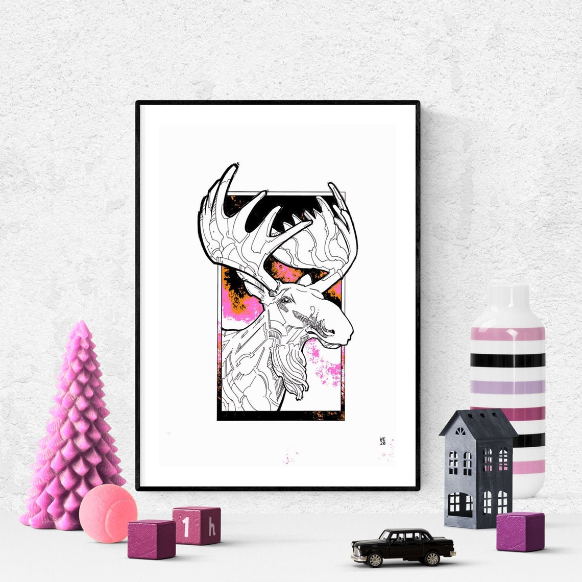 Moose Head Modern Wall Art Neon Pink Printable Housewarming - Etsy Norway