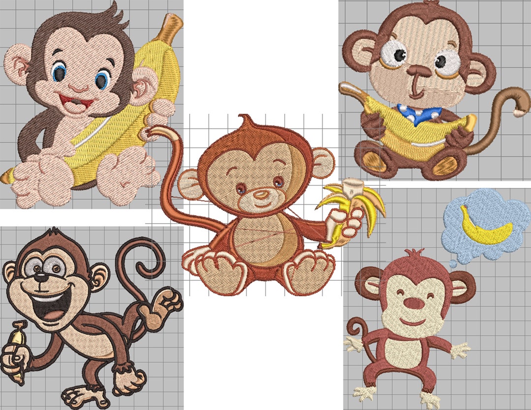 SET of Five Monkeys Embroidery Design - Instant Download Compatible ...
