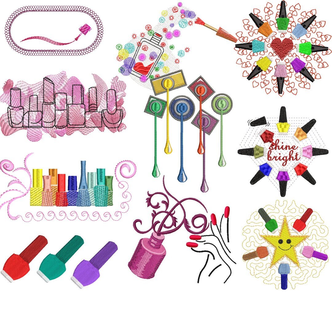 Set of 10 Manicure and Nail Polish Embroidery Designs, Digital Instant ...