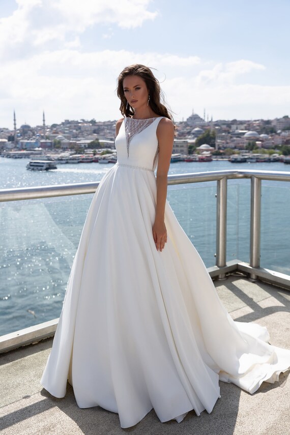 Simple Lace Back Wedding Dress