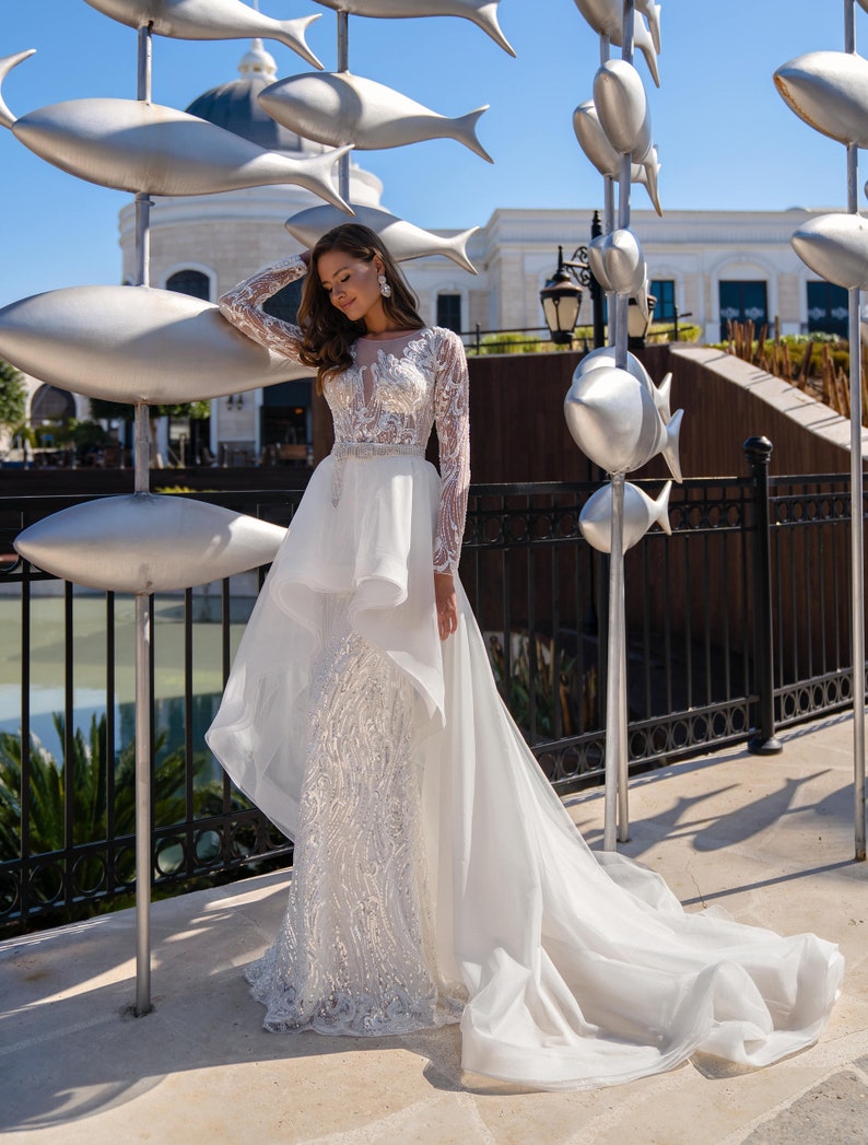 Elegant Long Train Wedding Dress Long Sleeves Dress - Etsy