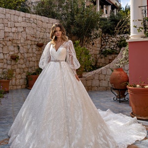 White Long Train Wedding Dress Wedding Gown Lush Sleeves - Etsy