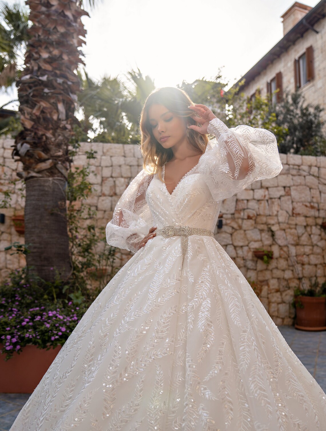 White Long Train Wedding Dress Wedding Gown Lush Sleeves | Etsy